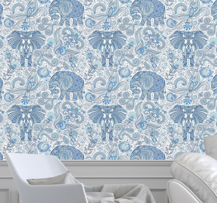 Blue ethnic pattern elephants wallpaper